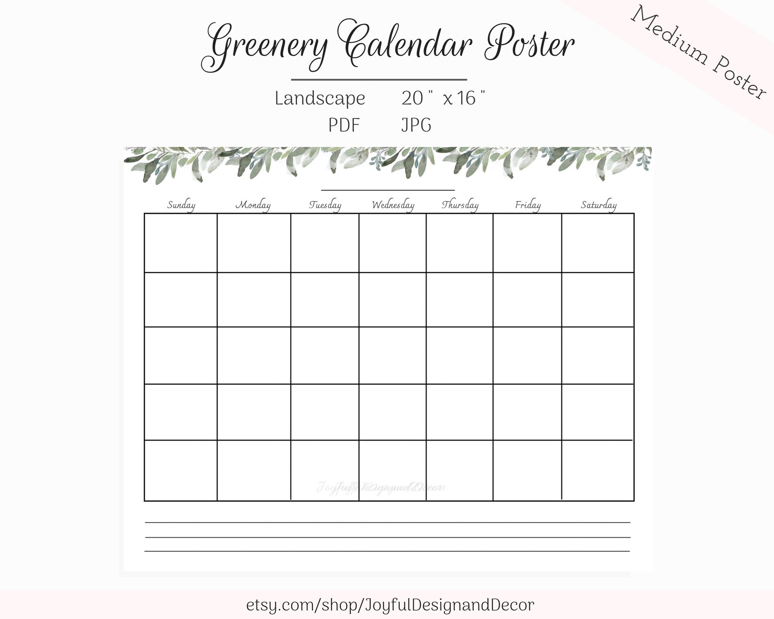 Large Greenery Calendar, Printable Greenery Calendar, Desk Calendar ...
