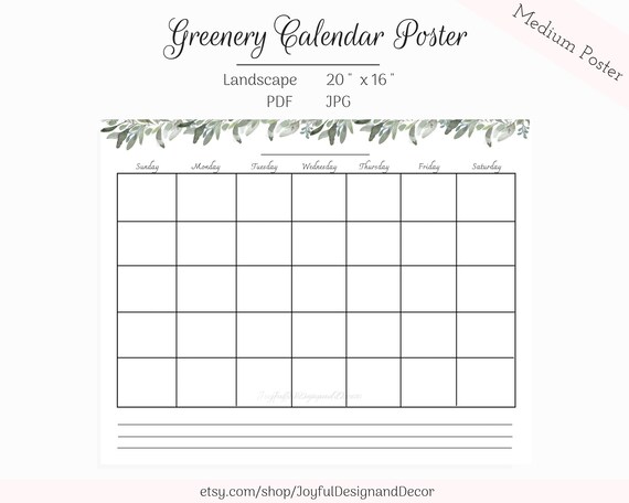 Large Greenery Calendar Printable Greenery Calendar Desk | Etsy