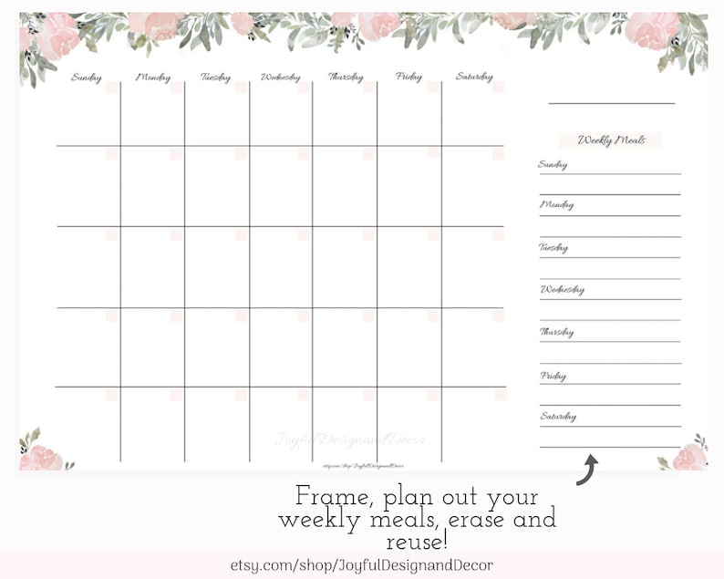 Printable Large Monthly Calendar, Undated Floral Calendar, Poster Size ...