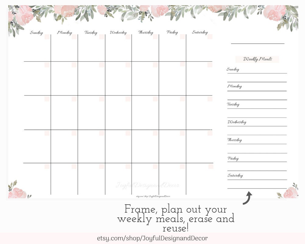 Printable Large Monthly Calendar, Undated Floral Calendar, Poster Size ...