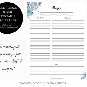 Floral Printable Recipe Page, Blue Floral Recipe Templates, 8.5 X 11in ...