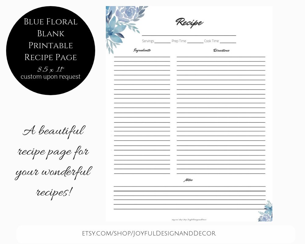 Floral Printable Recipe Page, Blue Floral Recipe Templates, 8.5 X 11in ...
