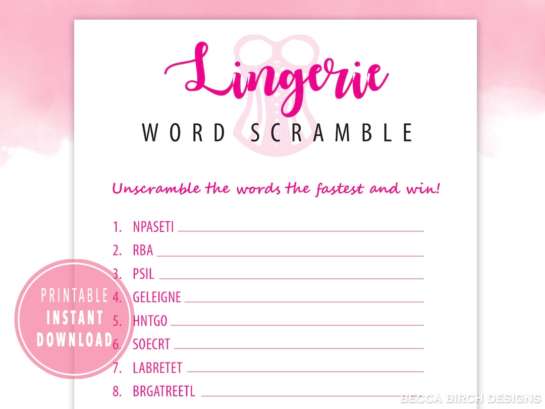 Lingerie Word Scramble Game - Bachelorette Party Game - Bridal Shower ...