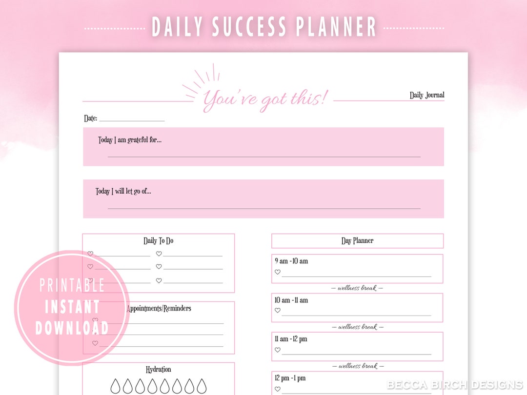 Daily Success Planner Printable Day Planner Agenda to Do List Gratitude ...
