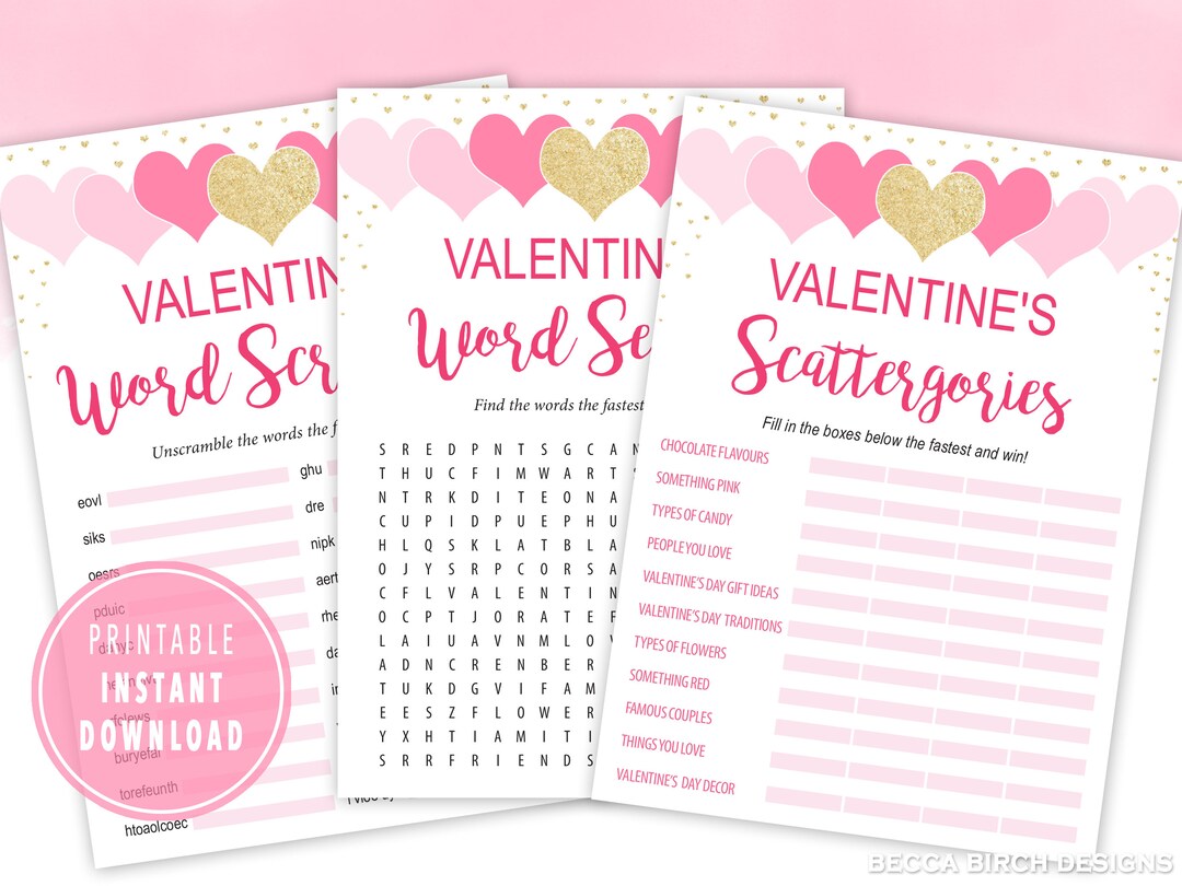 Printable Valentine's Day Games – Word Search, Scattergories (PDF) - Etsy