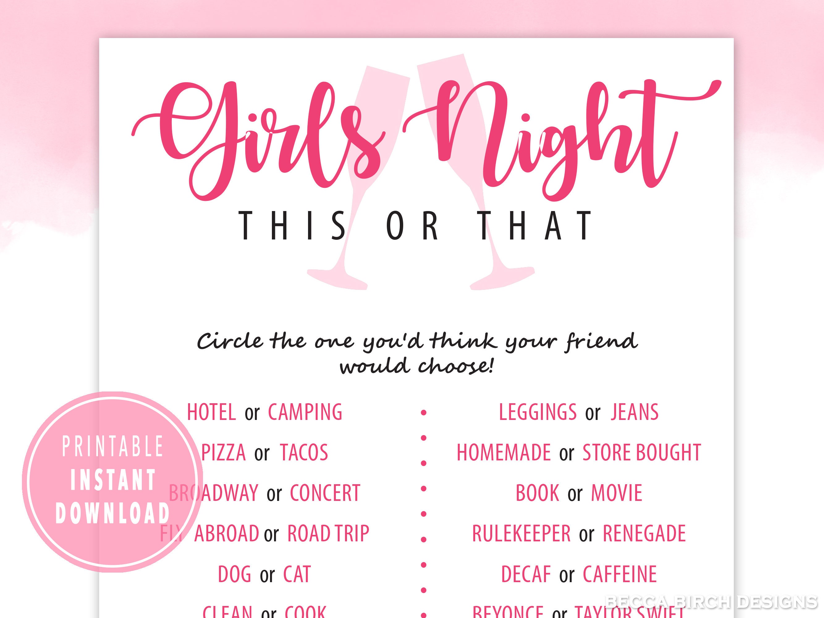 Girls Night This or That Game - Printable Girls Night Games - Valentine ...