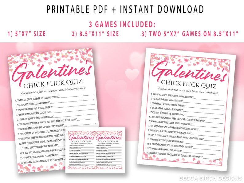 Chick Flick Quiz Game - Valentine's Day - Galentine's Day Games - Girls ...