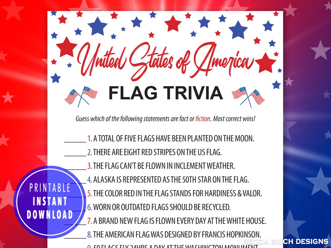 USA Flag Trivia Game Fourth of July Games for Kids, Teens and Adults ...