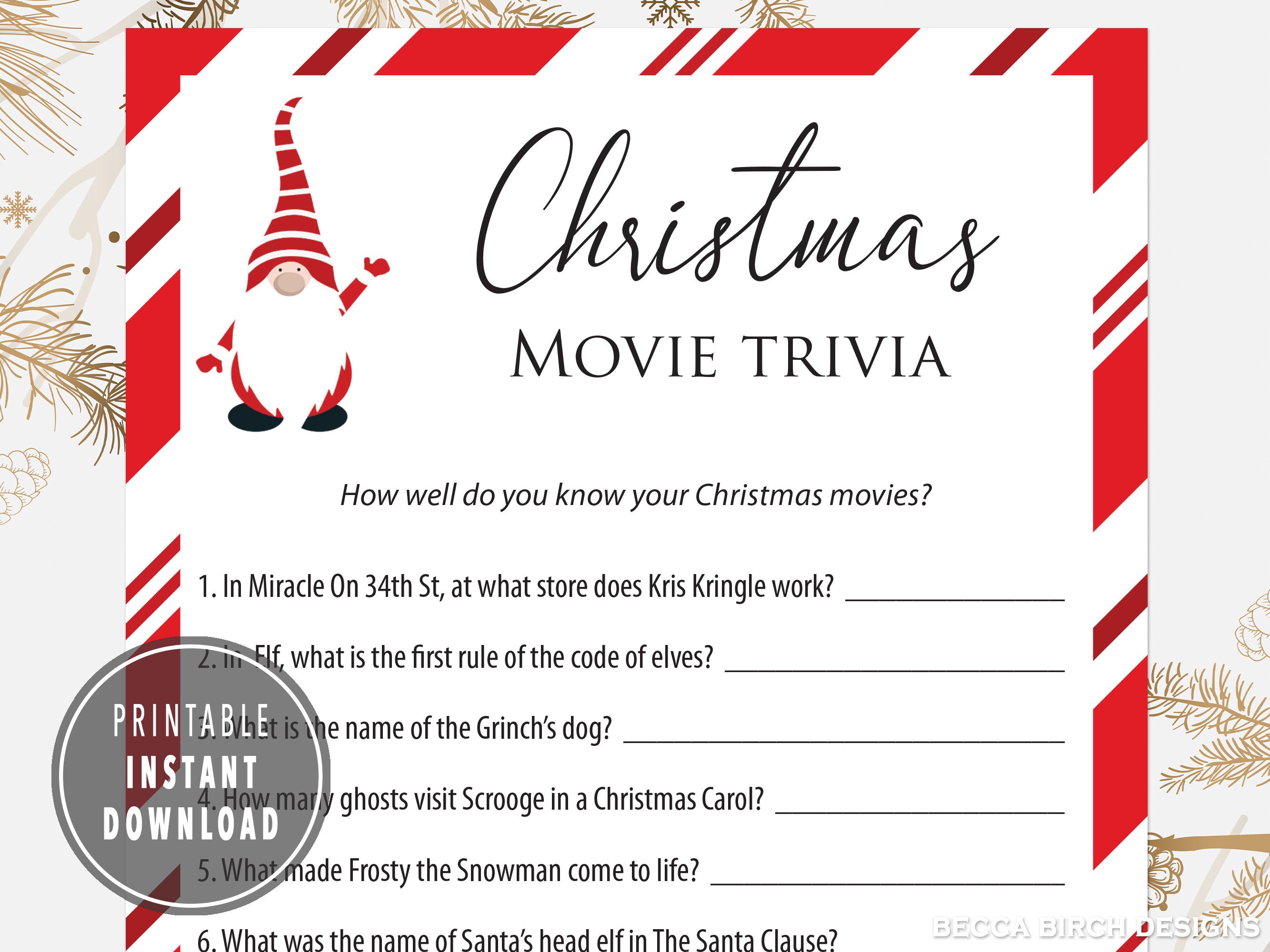 Christmas Movie Trivia Printable Game Holiday Party Games - Etsy