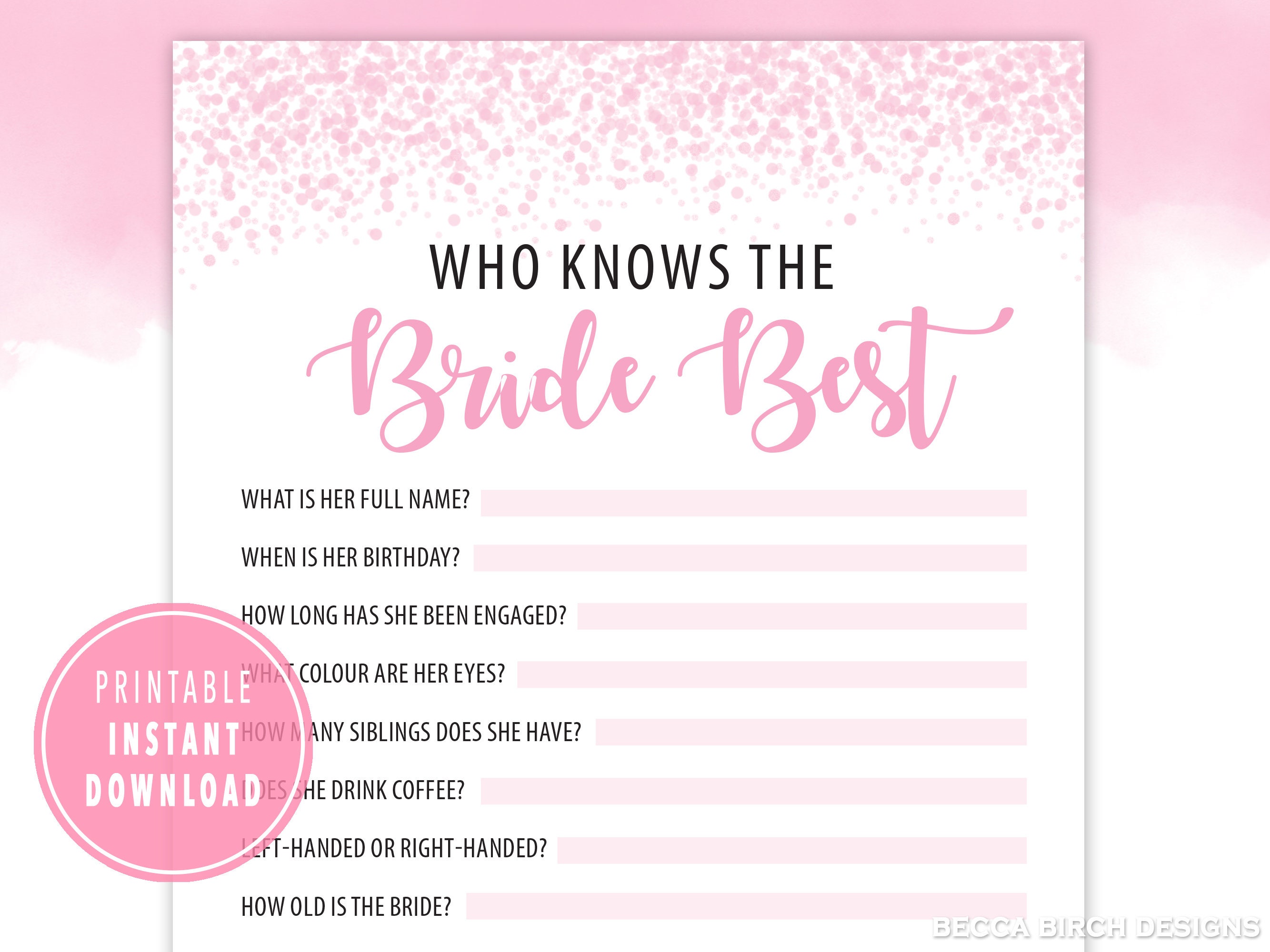 Who Knows the Bride Best - Printable Bridal Sower Game - Virtual Bridal ...