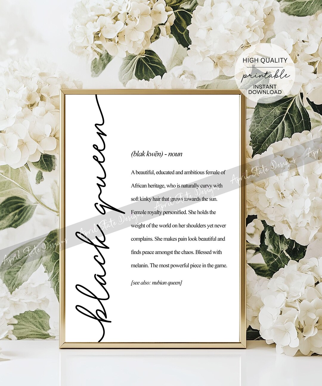 Black Queen Definition Printable Art - Cursive Empowering African ...