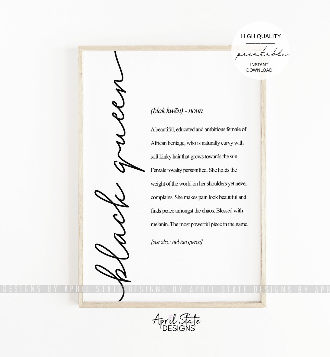Black Queen Cursive Definition Art Print, Melanin Queen, Typographic ...