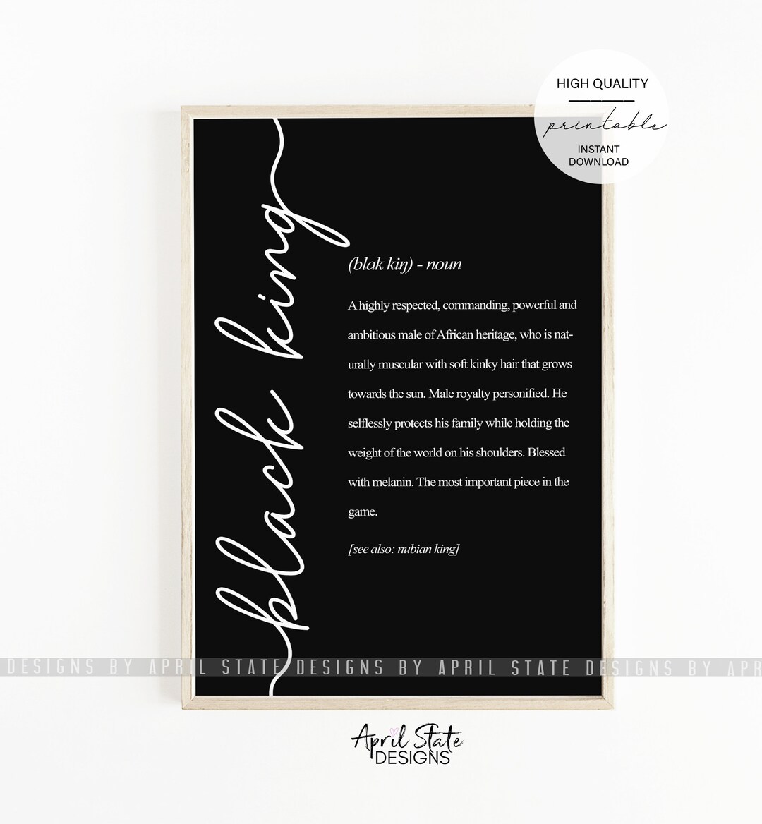 Black King Cursive Definition Art Print, Melanin King, Typographic Art ...