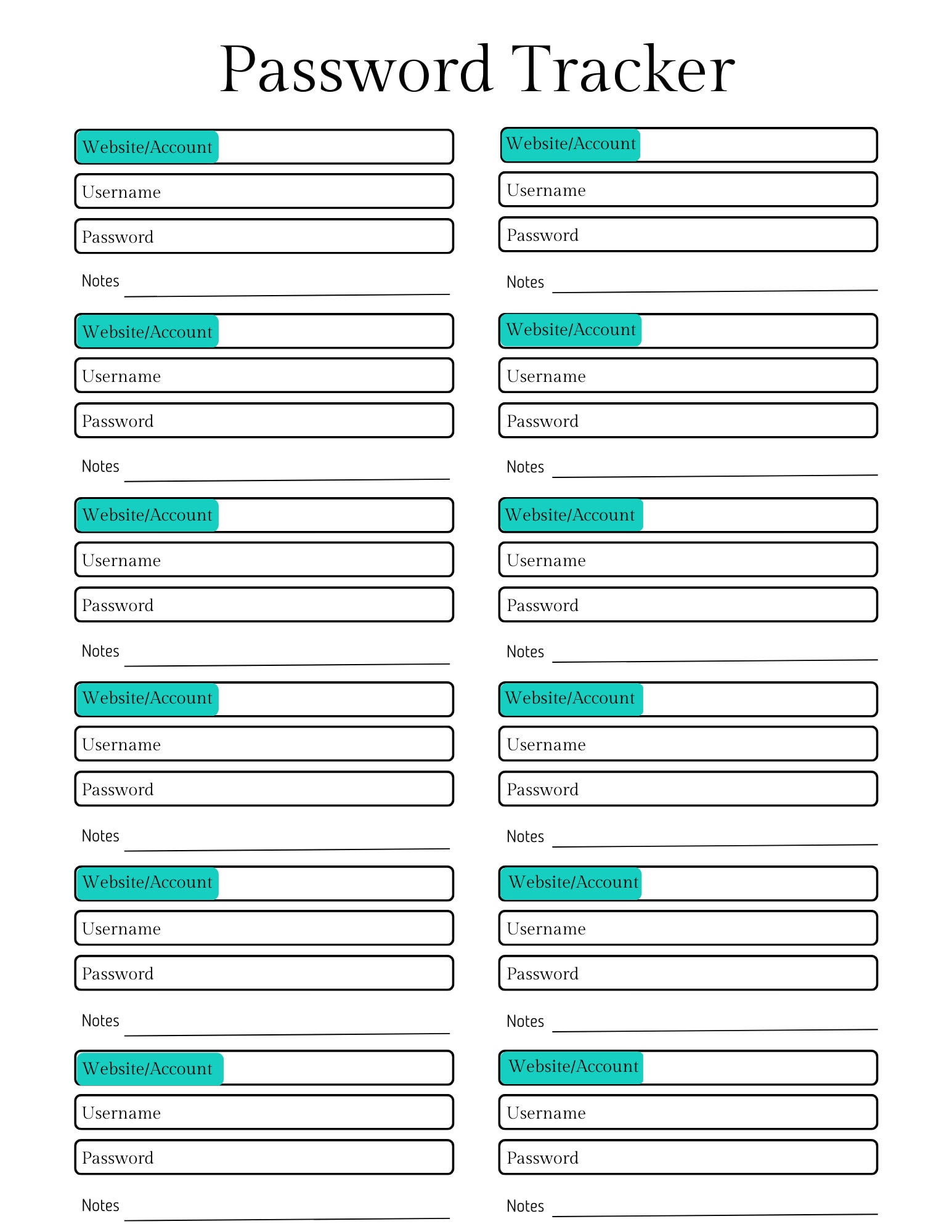 Account and Password Tracker, Bank Account Information Sheet, Credit ...