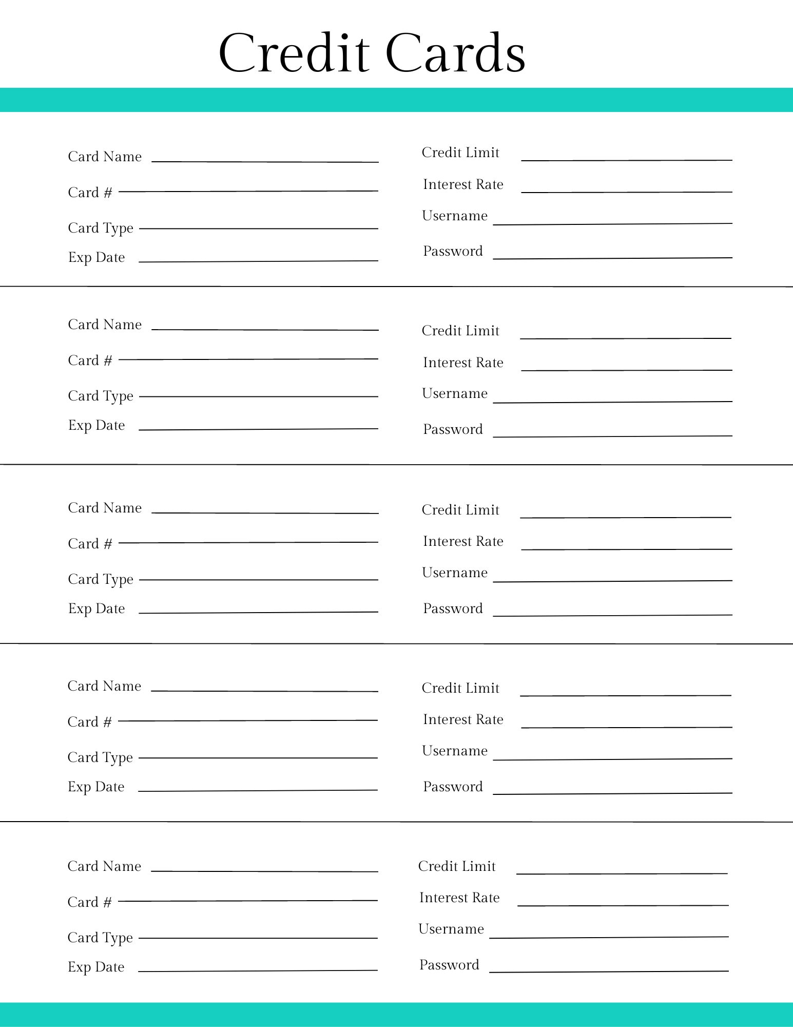 Account and Password Tracker, Bank Account Information Sheet, Credit ...