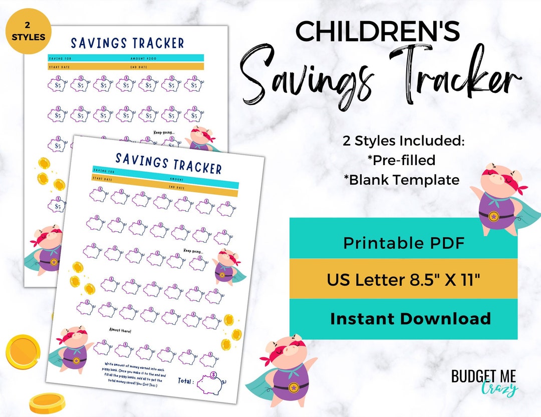 Children's Savings Tracker Printable, Kids Piggy Bank Savings Chart ...