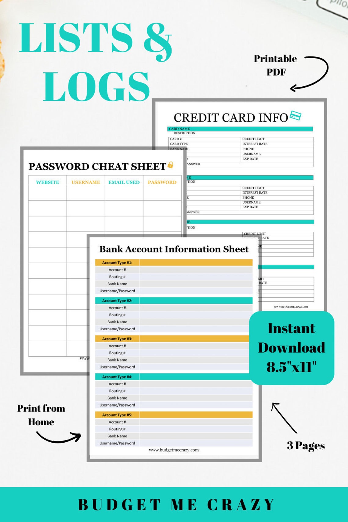 Lists & Log Printables, Bank Account Information Sheet, Credit Card ...