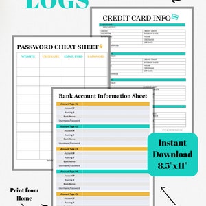 Lists & Log Printables, Bank Account Information Sheet, Credit Card ...