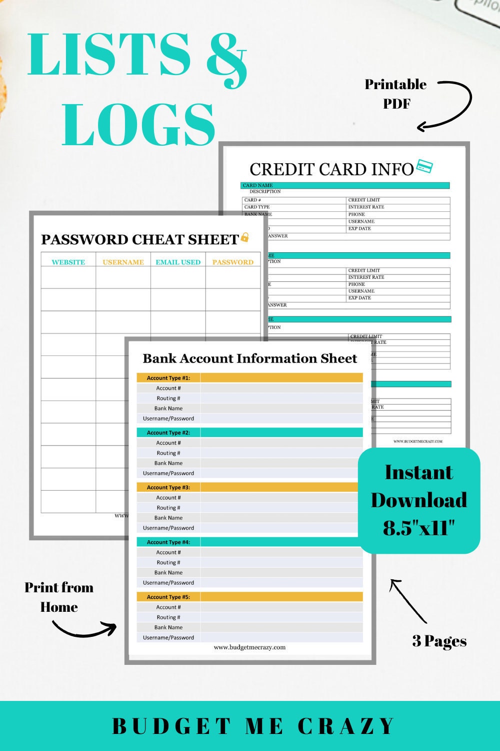 Lists & Log Printables, Bank Account Information Sheet, Credit Card ...