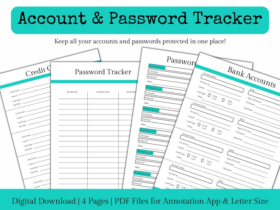 Account and Password Tracker, Bank Account Information Sheet, Credit ...