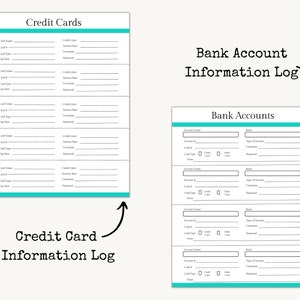 Account and Password Tracker, Bank Account Information Sheet, Credit ...