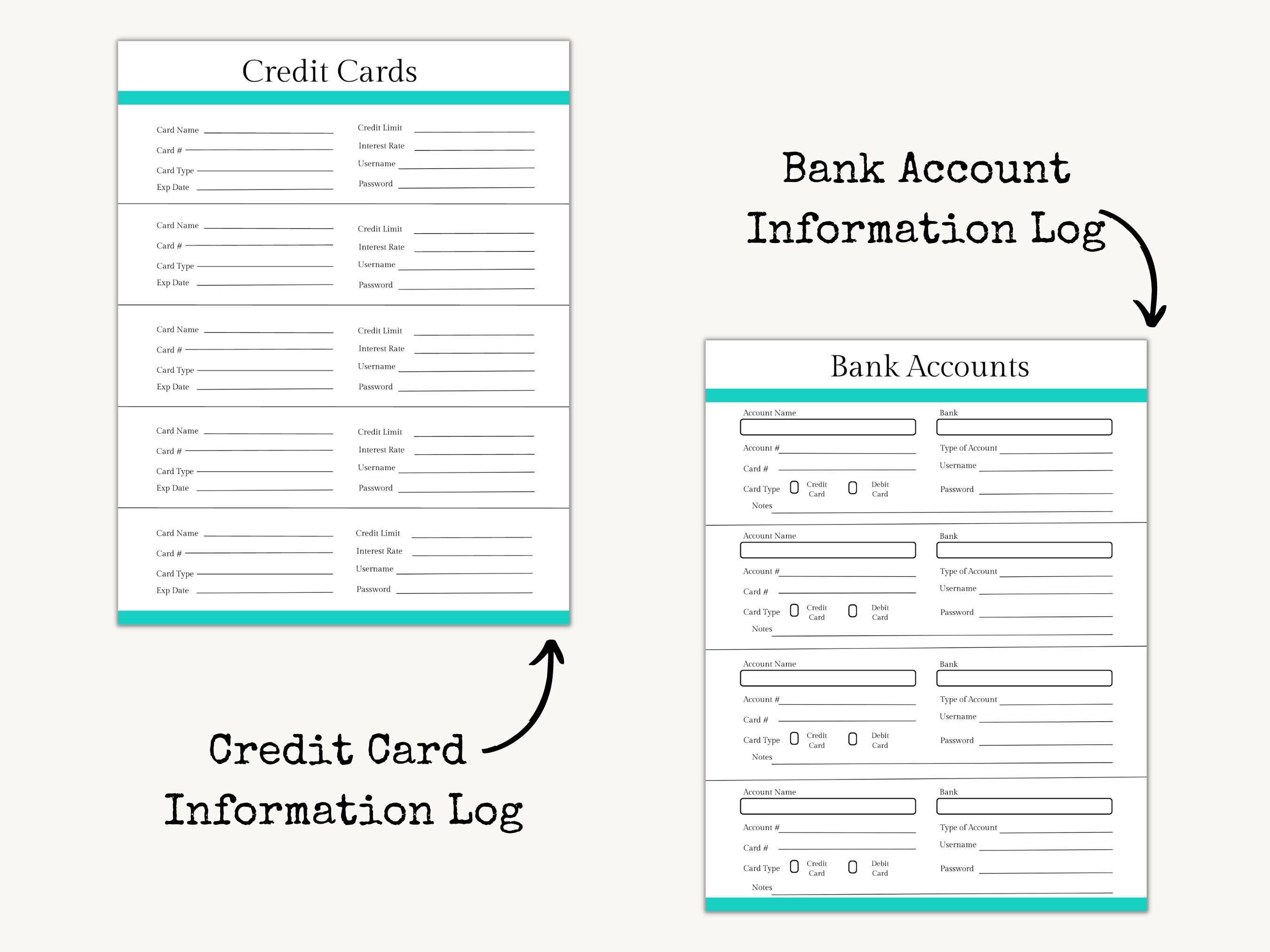 Account and Password Tracker, Bank Account Information Sheet, Credit ...