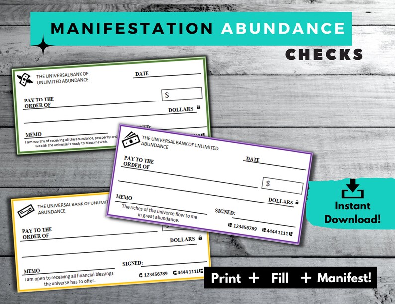 Blank Manifestation Checks, Law of Abundance, Law of Attraction ...