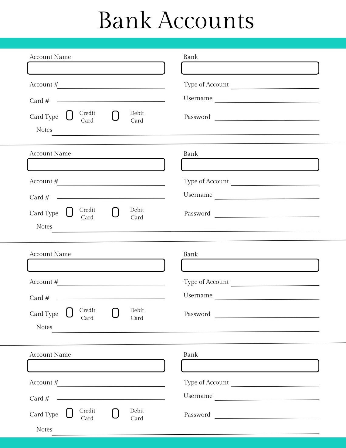 Account and Password Tracker, Bank Account Information Sheet, Credit ...