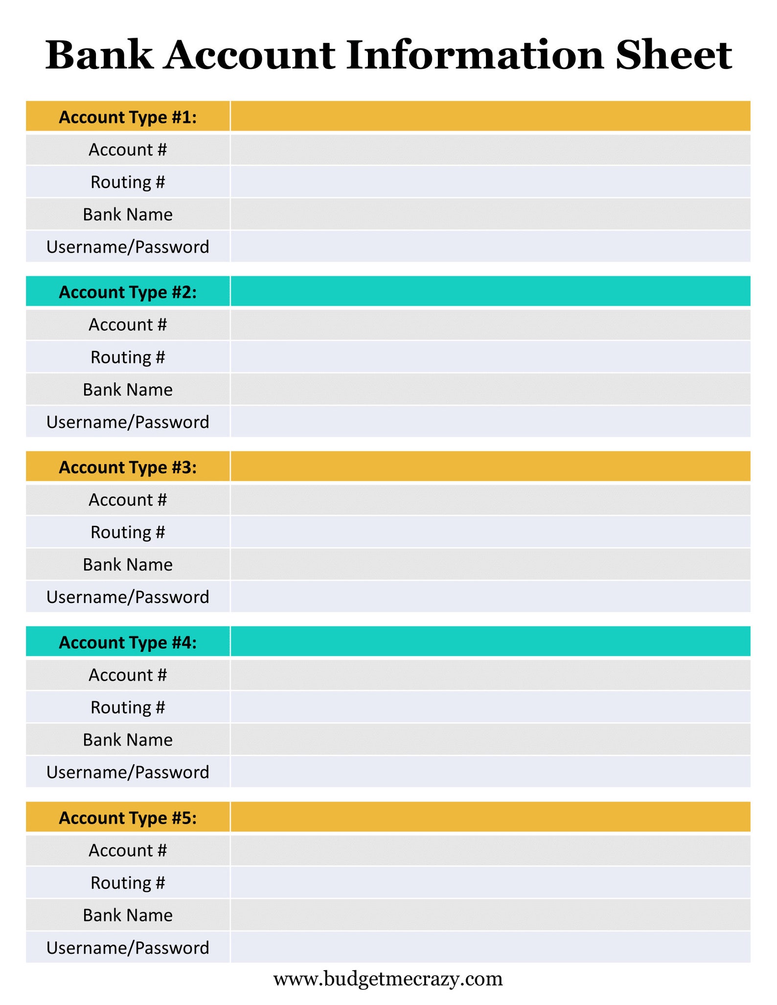 Lists & Log Printables, Bank Account Information Sheet, Credit Card ...