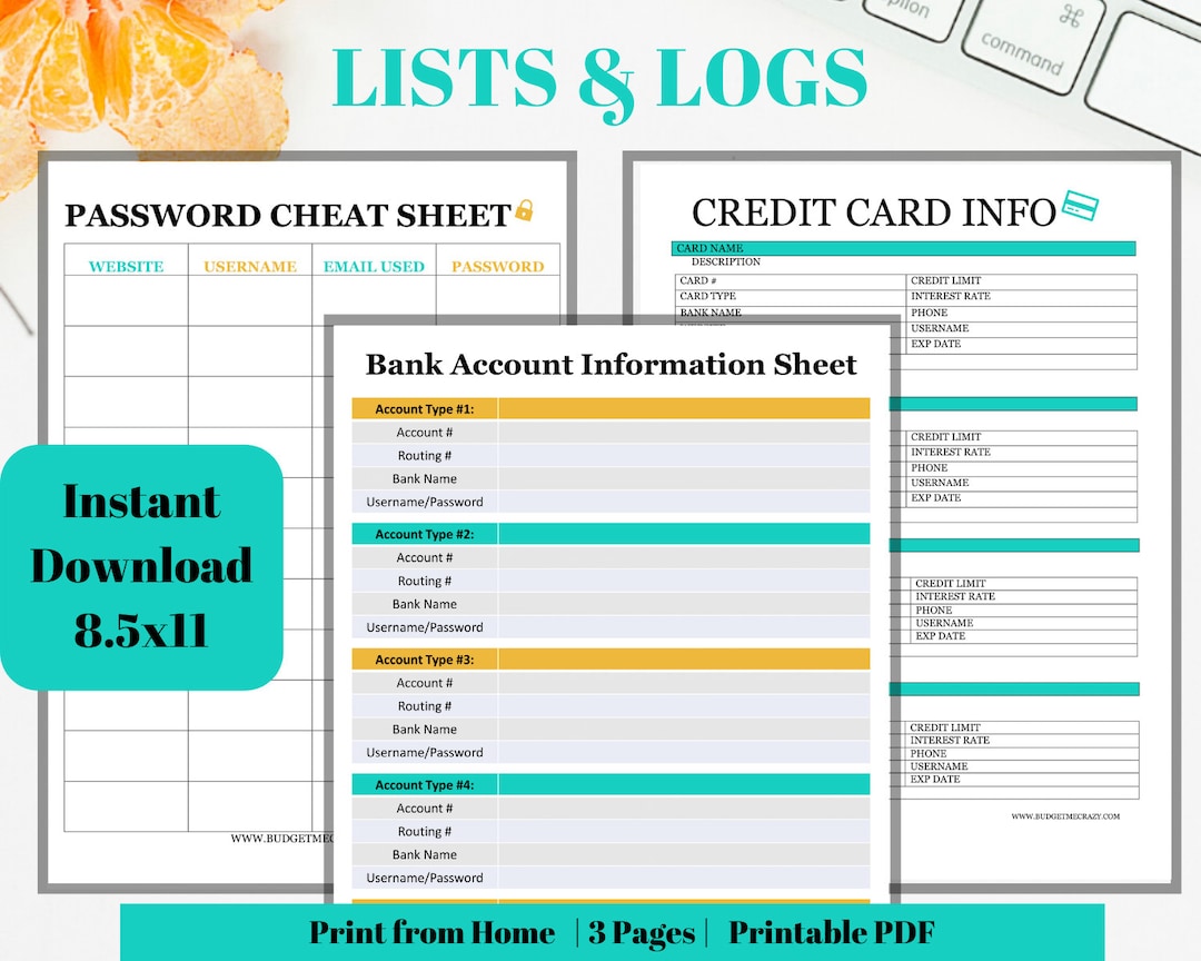 Lists & Log Printables, Bank Account Information Sheet, Credit Card ...