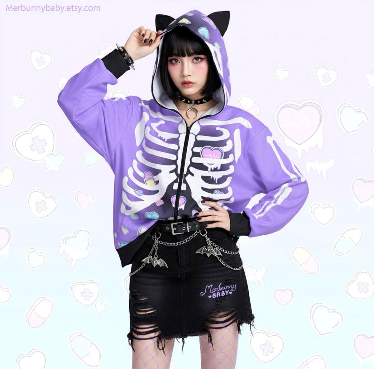 Broken Hearts - Unisex Zipper Hoodie With Cat Ears - Rib Cage, Spooky ...