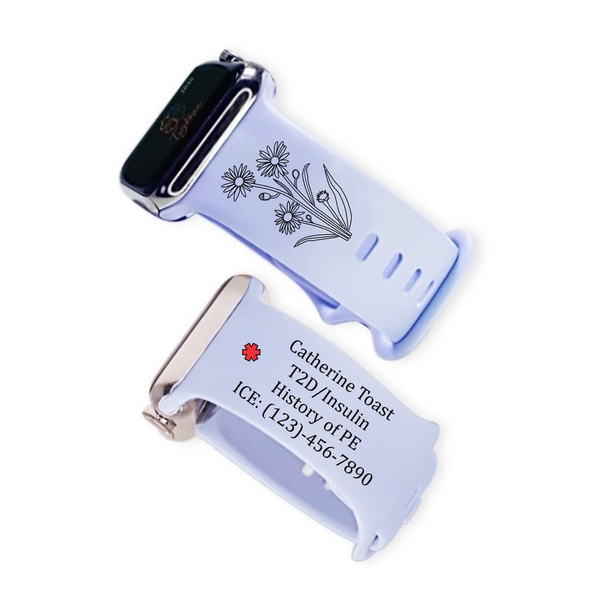 Custom Medical Alert Watch Band With Birthflower, Medical ID Strap ...