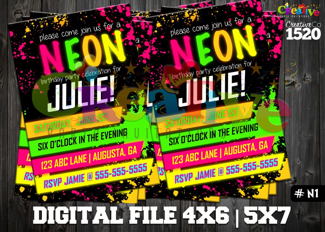 Neon Party Invitation | Neon Birthday Party Invitation | Custom Party ...