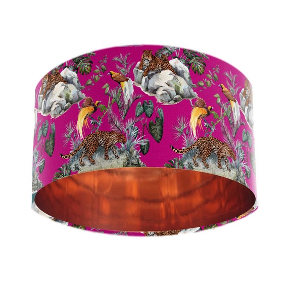 Hot Pink Leopard & Birds Velvet Lampshade with Mirror Copper Lining ...