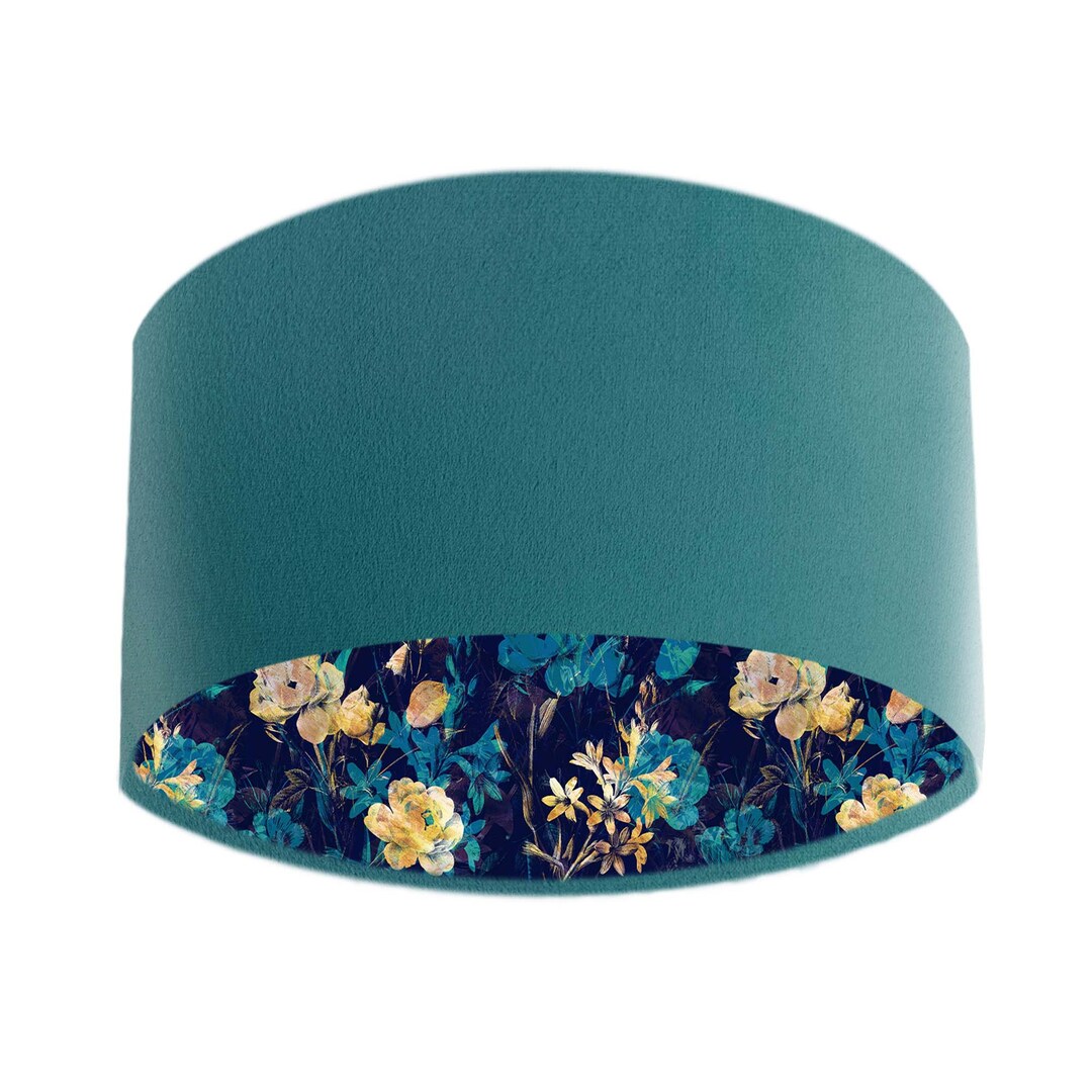 Teal Blue Velvet Lampshade With Navy Blue Gold Florals, Drum Lampshade ...