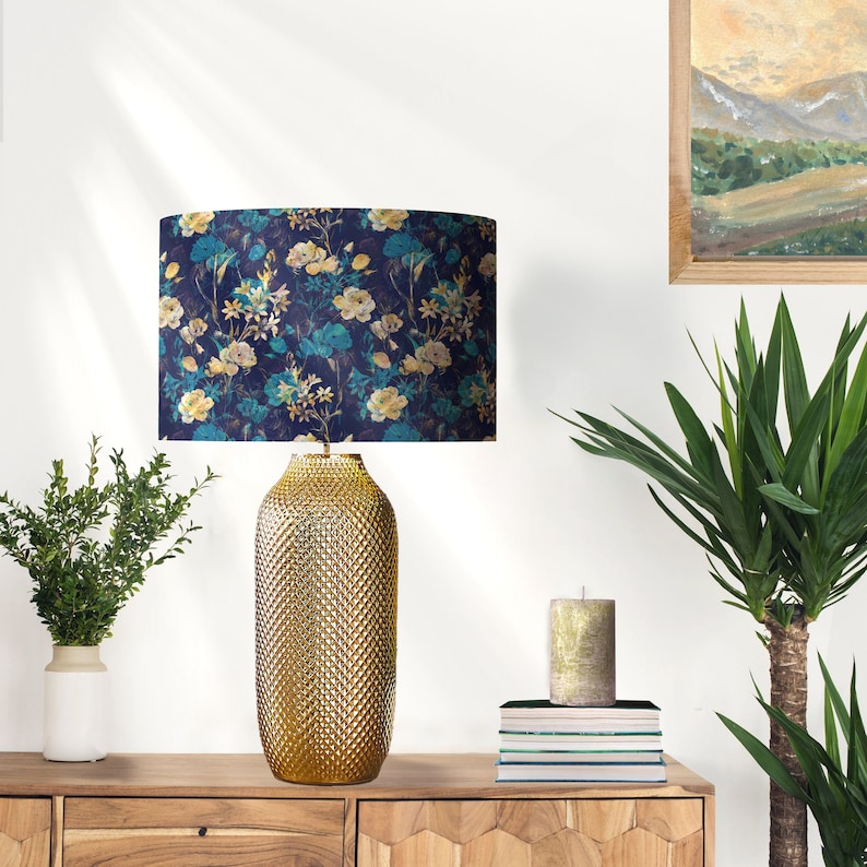 Blue Floral Lampshade, Gold Interior, Cotton Patterned Light Shade - Etsy