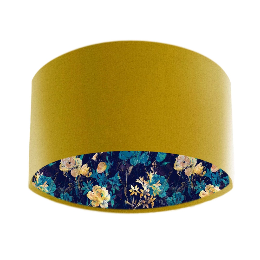 Mustard Yellow Velvet Lamp Shade & Flower Lining in Navy Blue and Gold ...