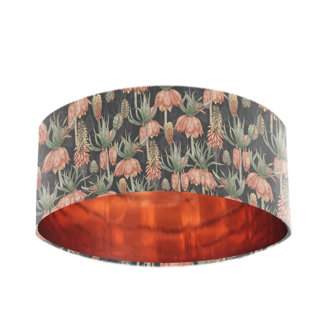 Black Exotic Flora Velvet Lampshade With Copper Lining, Floral Lamp ...