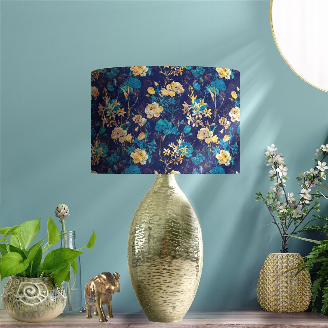 Blue Floral Lampshade, Gold Interior, Cotton Patterned Light Shade - Etsy
