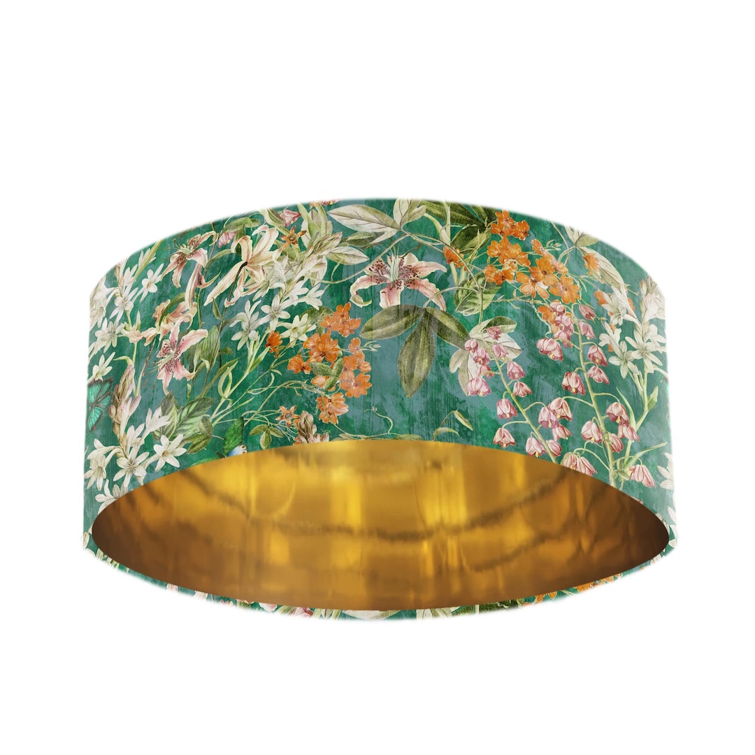 Velvet Lamp Shade With Emerald Green Meadow and Gold Lining, Green ...