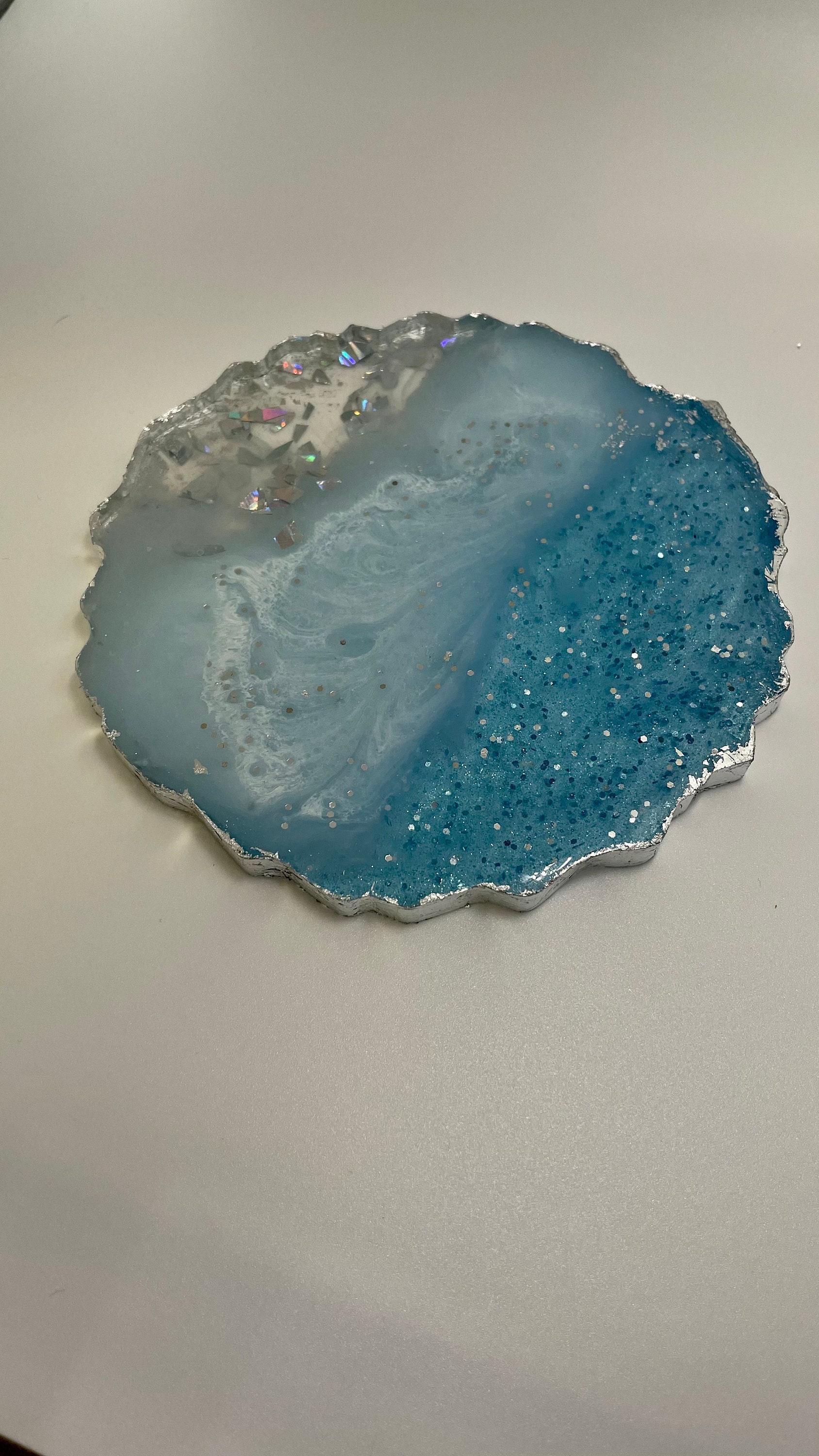 Blue to White Ombré Effect, Handmade Round Resin Coaster-with Silver ...