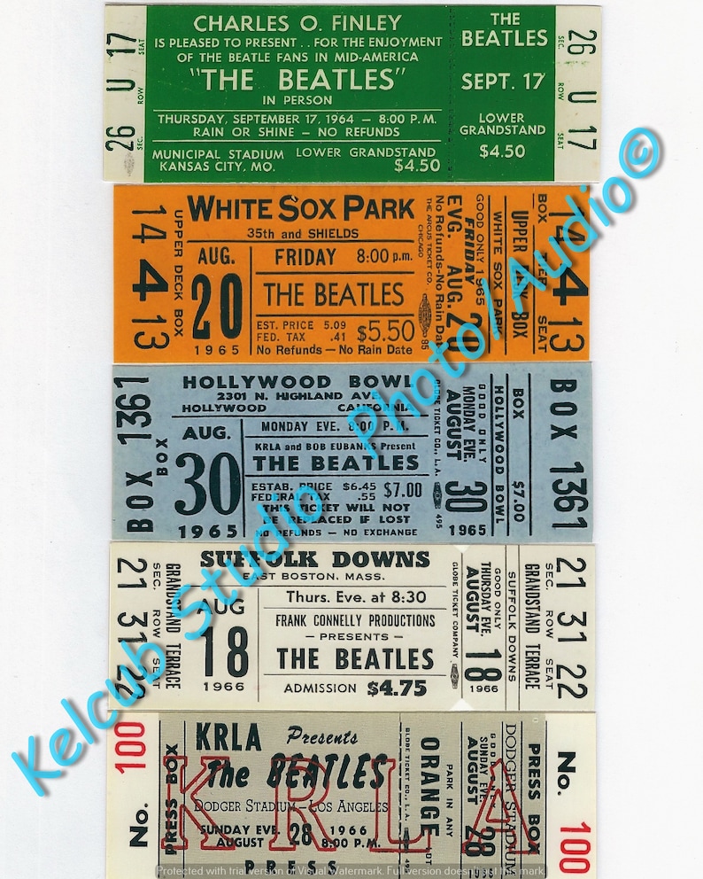 BEATLES Repro Ticket Art Mint From 5 Concerts 1964-1966 8.5x11 ~ 1 ...