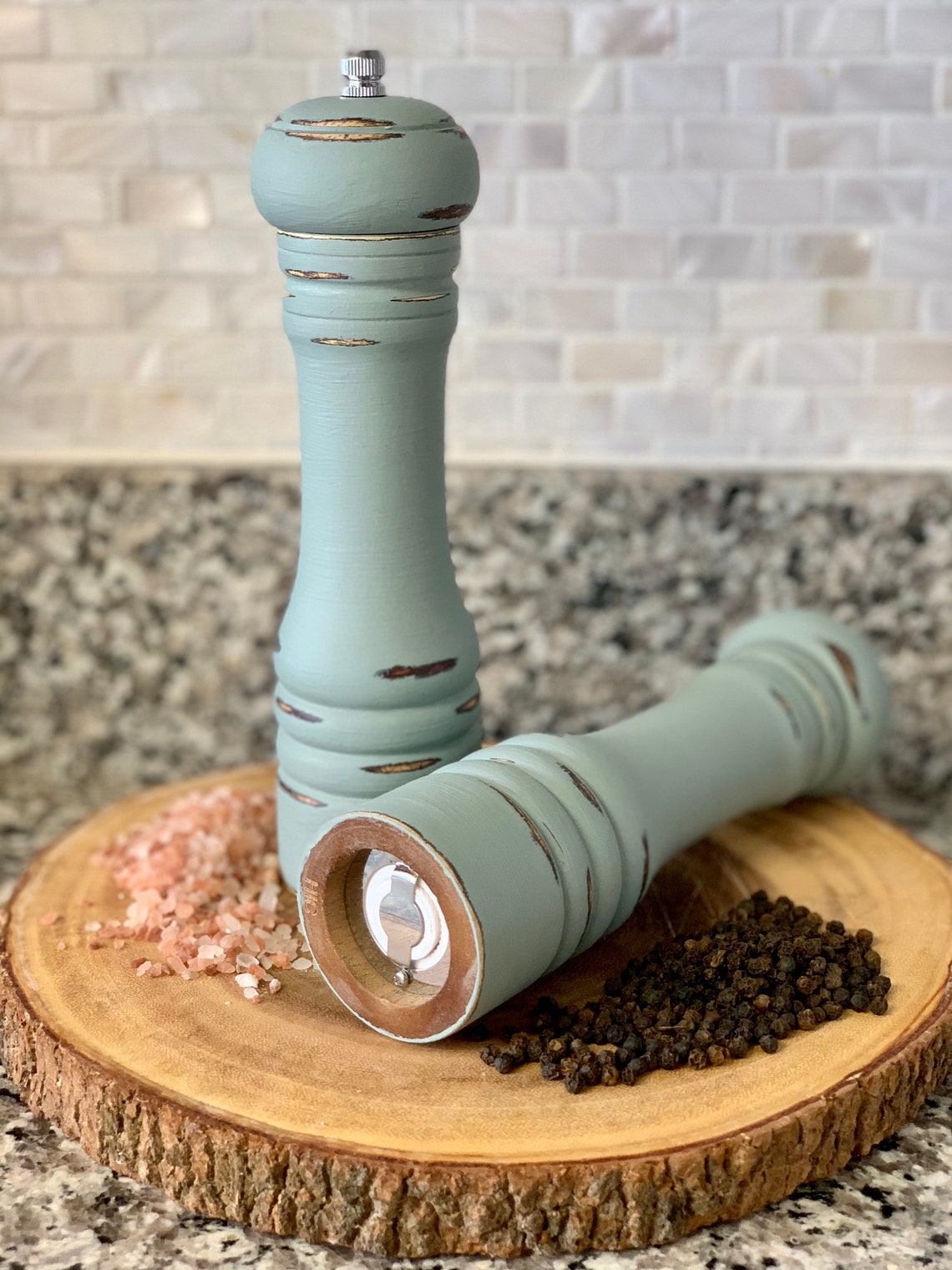 Farmhouse Rustic Distressed 8” Salt Shaker & Pepper Mill Shakers ...