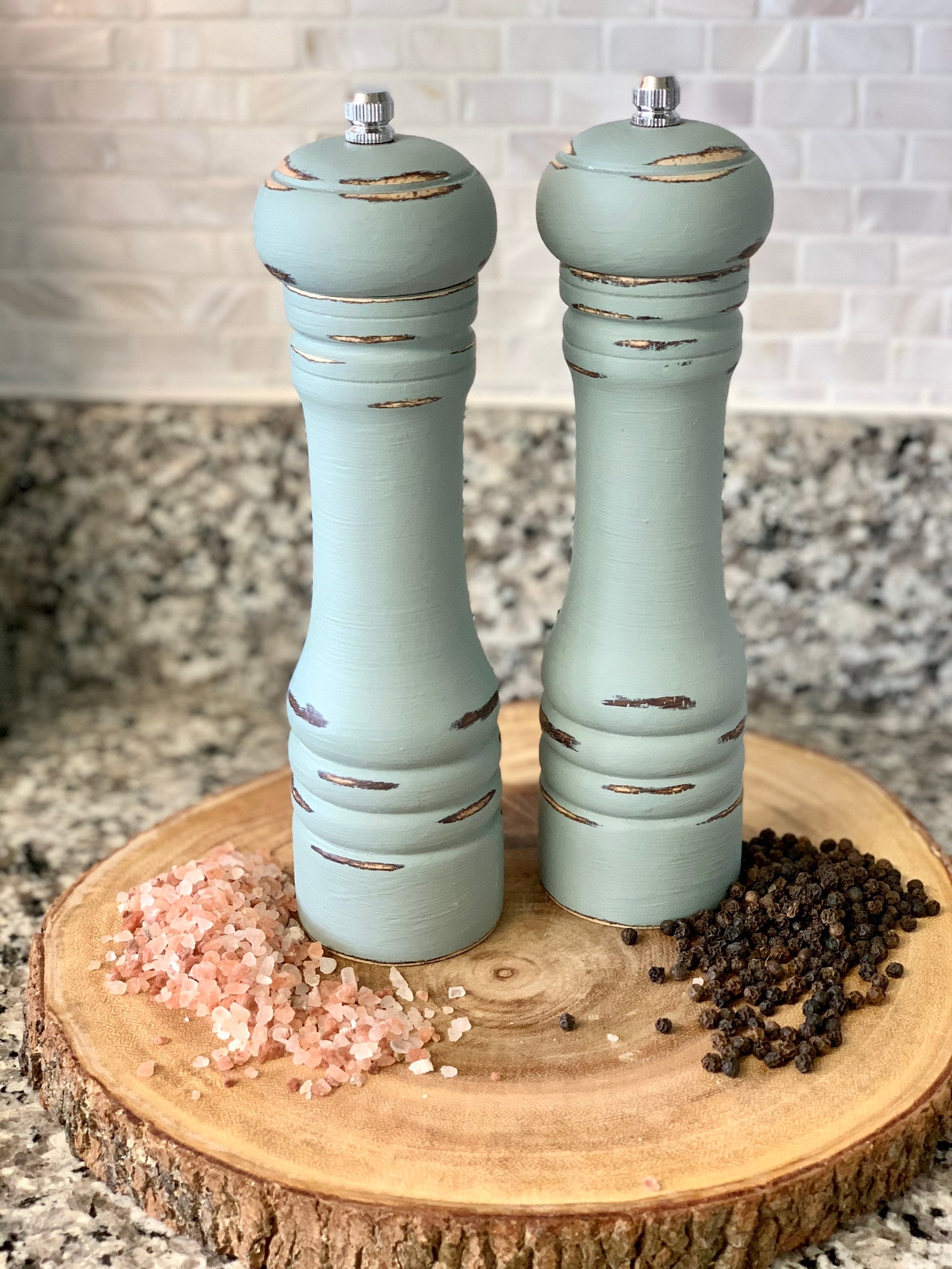 Farmhouse Rustic Distressed 8” Salt Shaker & Pepper Mill Shakers ...