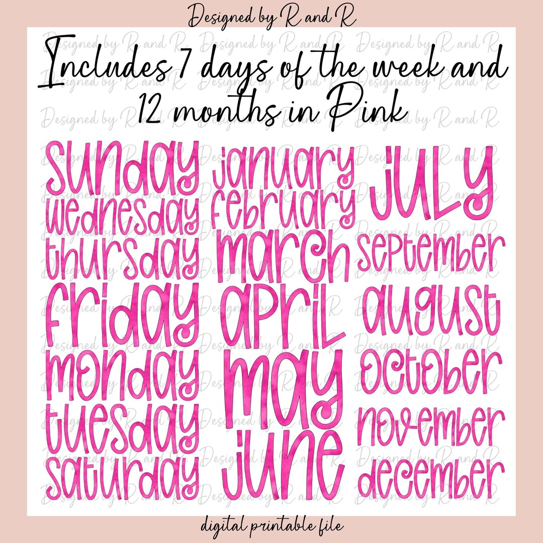 Pink Planner Days and Months in PNG Format From Designed by R and R - Etsy