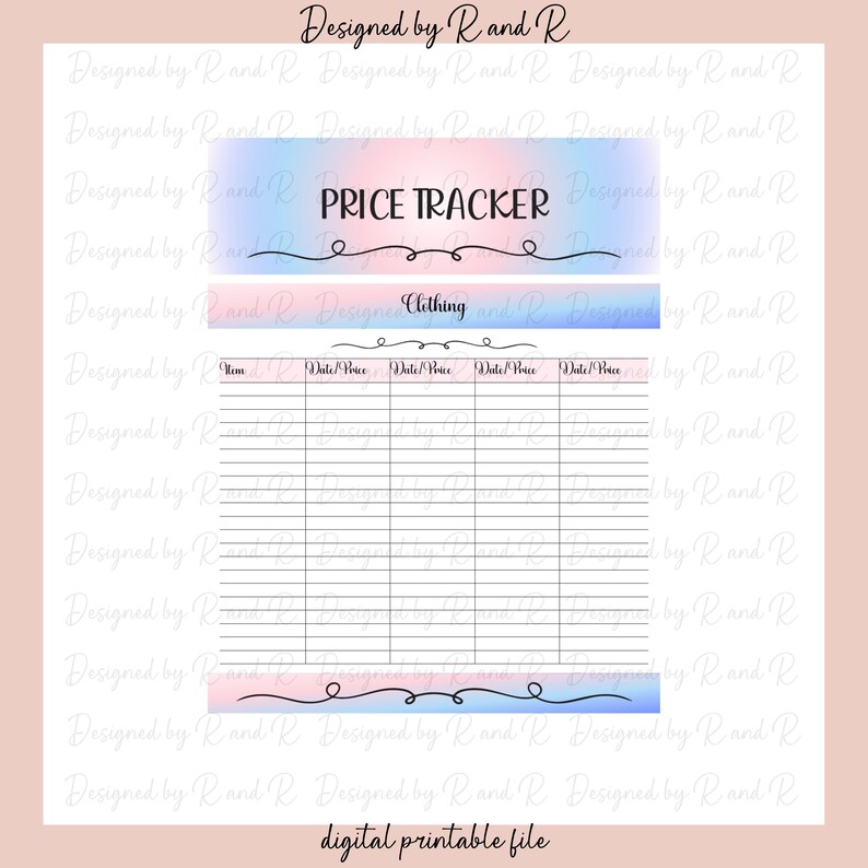 Price Tracker Printable PDF Spreadsheet (set of 4) in Blue and Pink ...