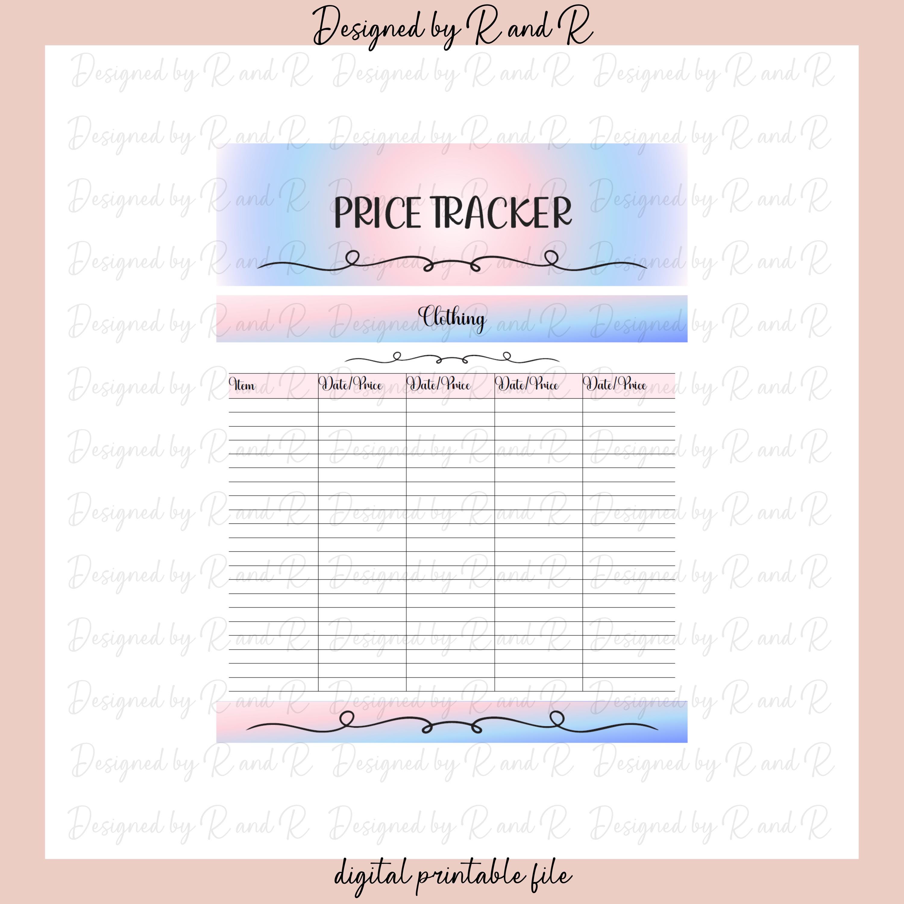 Price Tracker Printable PDF Spreadsheet (set of 4) in Blue and Pink ...