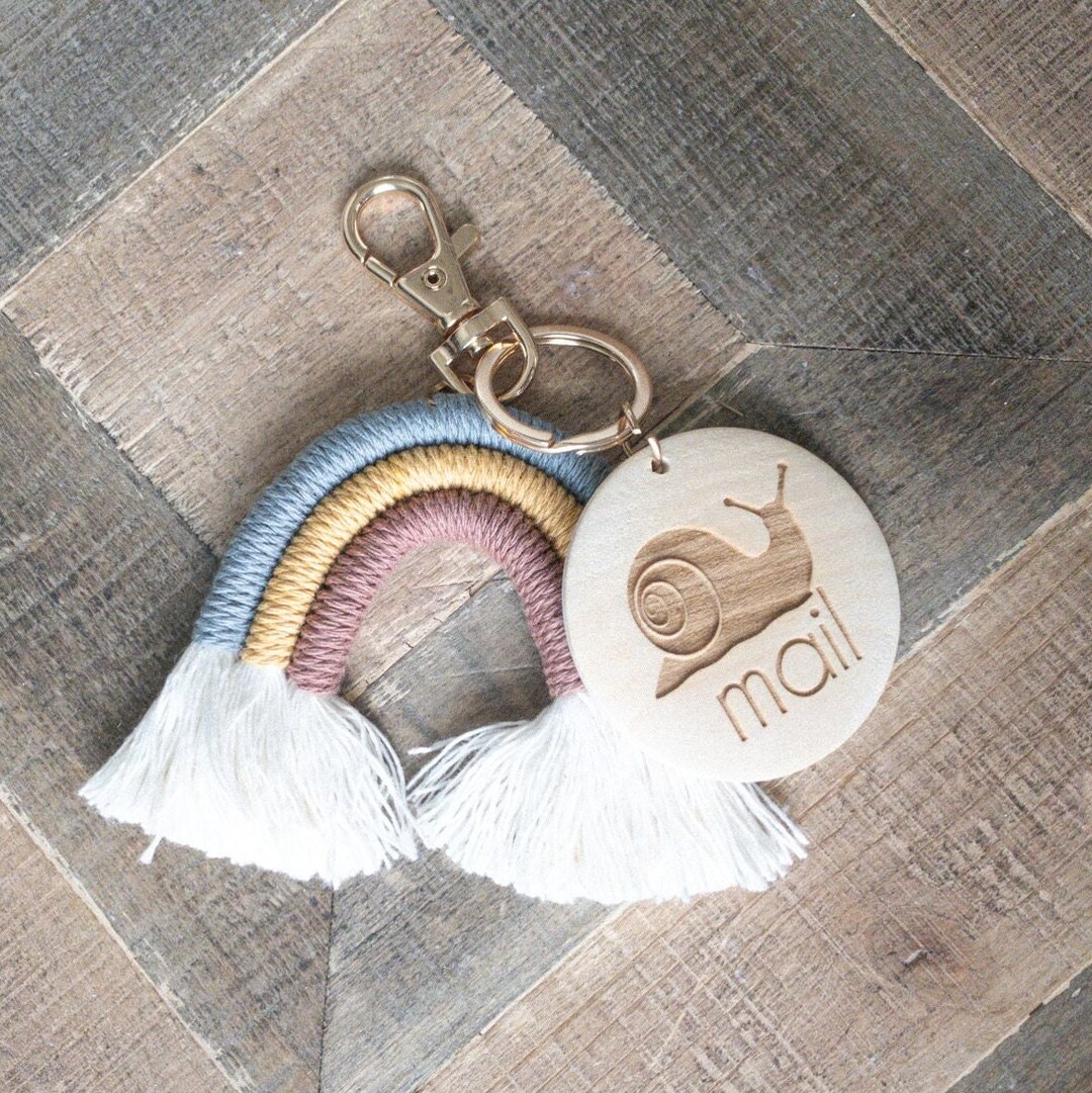 Snail Mail Keychain: Engraved Wood Charm, Boho Macrame - Etsy