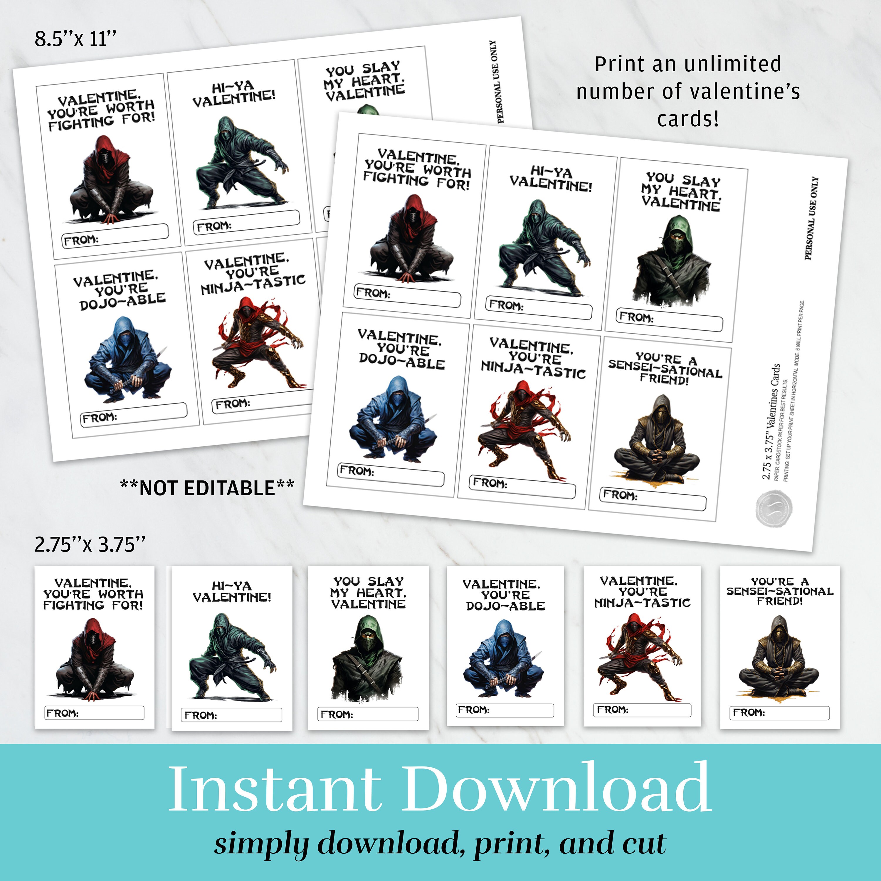 Kids Ninja Valentine | INSTANT DOWNLOAD | Valentine Day Cards | Ninja ...