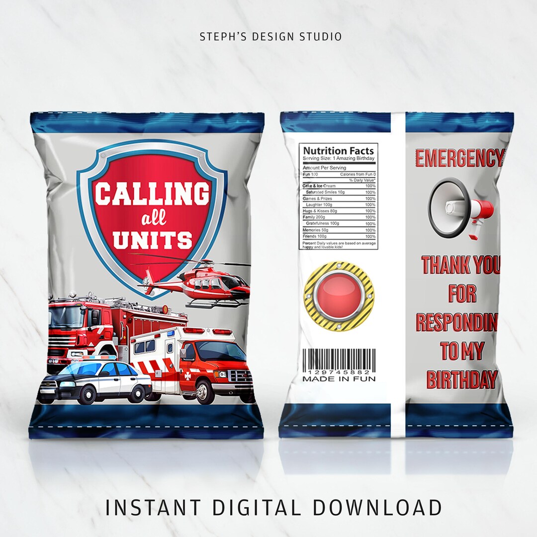 First Responder Favor Bags - Custom Chip Bags - Emergency Party- First ...